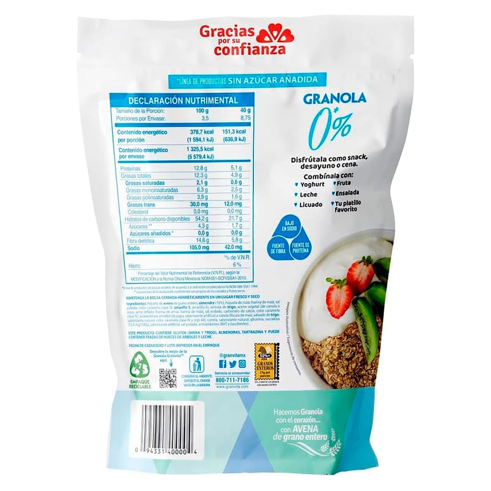Granola Granvita 0 azúcar con almendras y canela - 350 g - Walmart ...