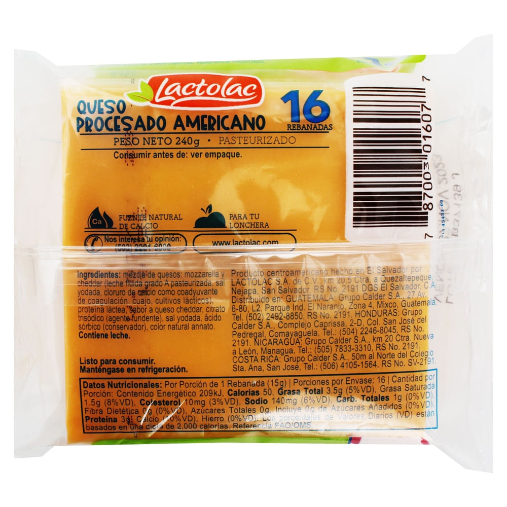 Comprar Queso Americano Lactolac amarillo procesado 16 Uds - 240 g ...