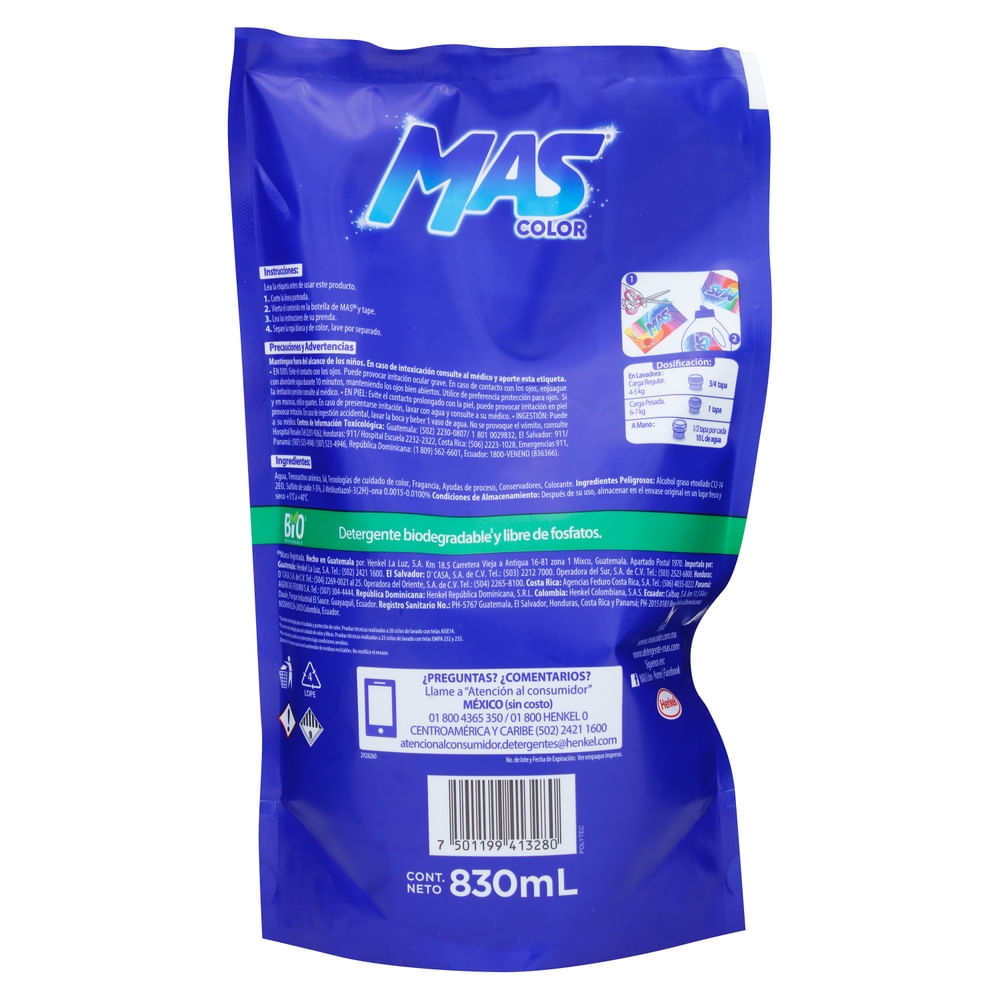 Comprar Detergente Líquido MAS Color - 830ml | Walmart Guatemala - Maxi ...