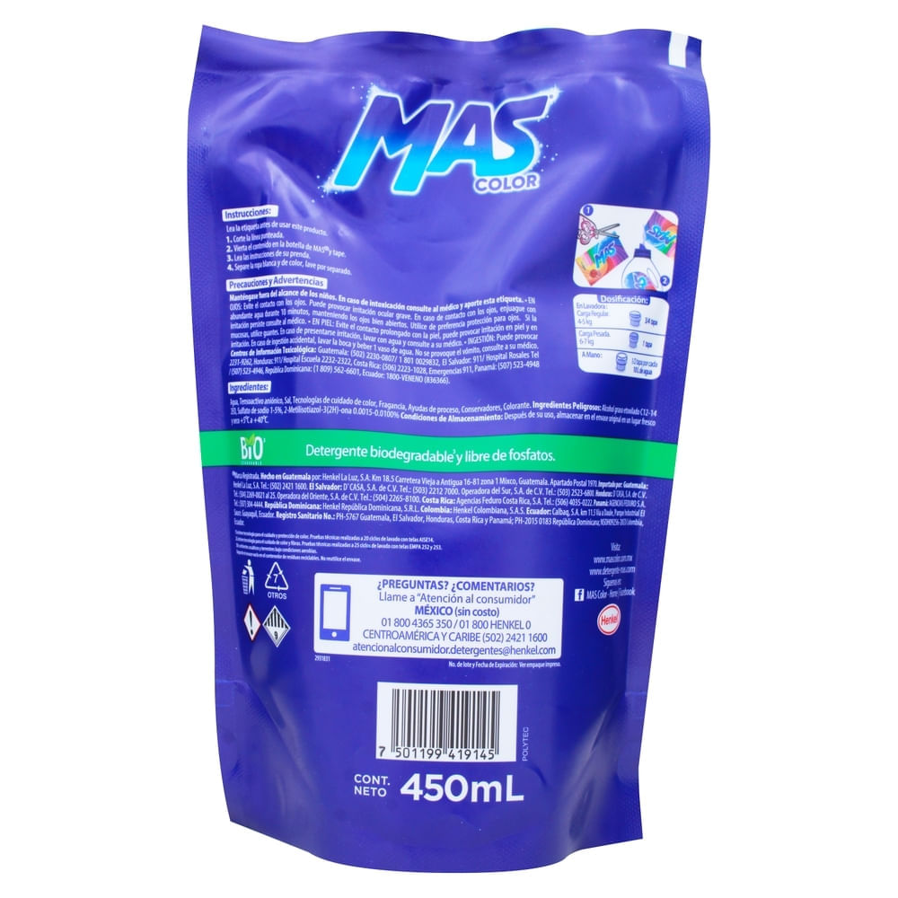 Comprar Detergente Líquido MAS Color - 450 ml | Walmart Guatemala ...